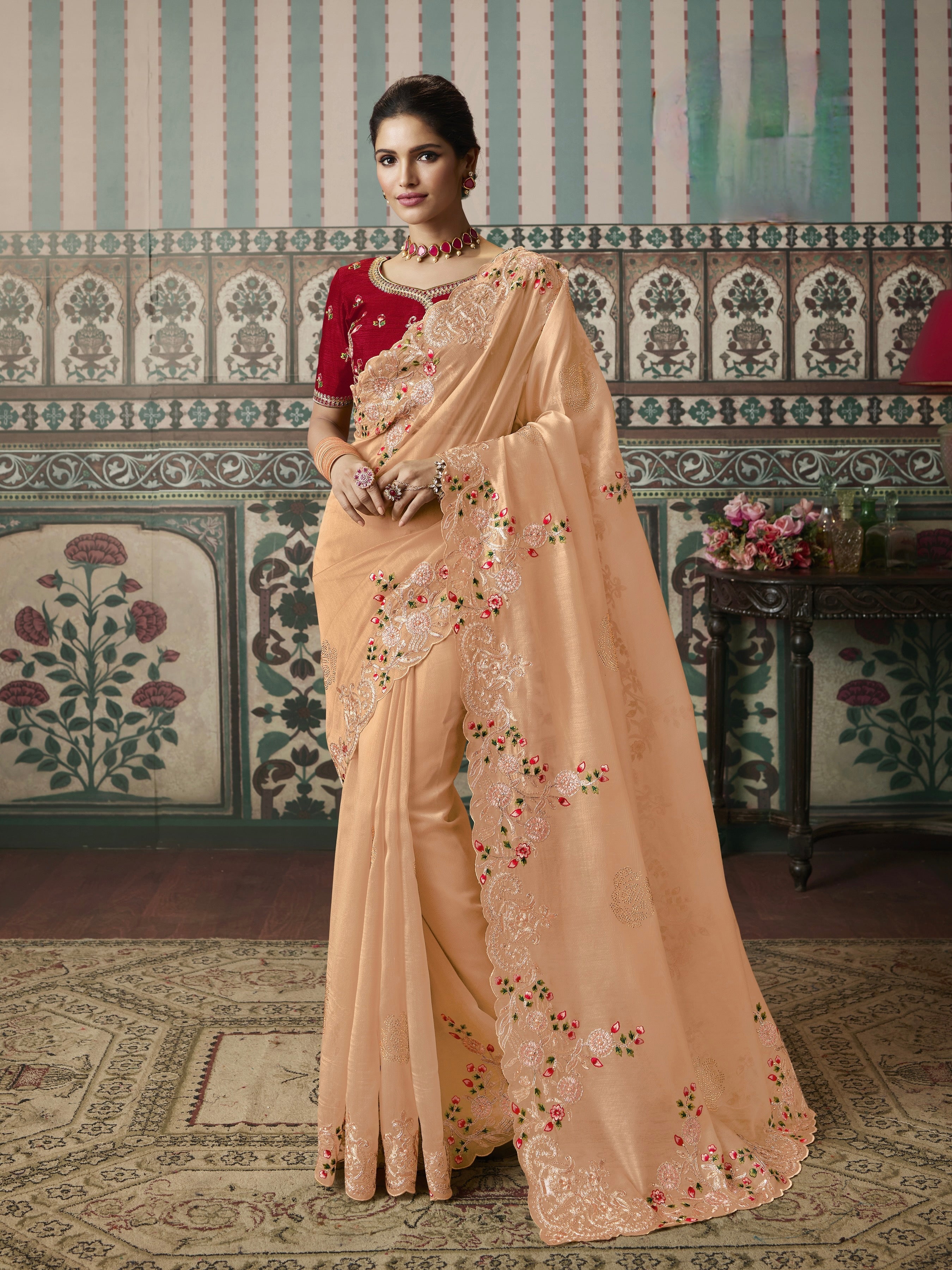 Embroidered Scalloped Saree in Peach – nandikasarees.co.uk