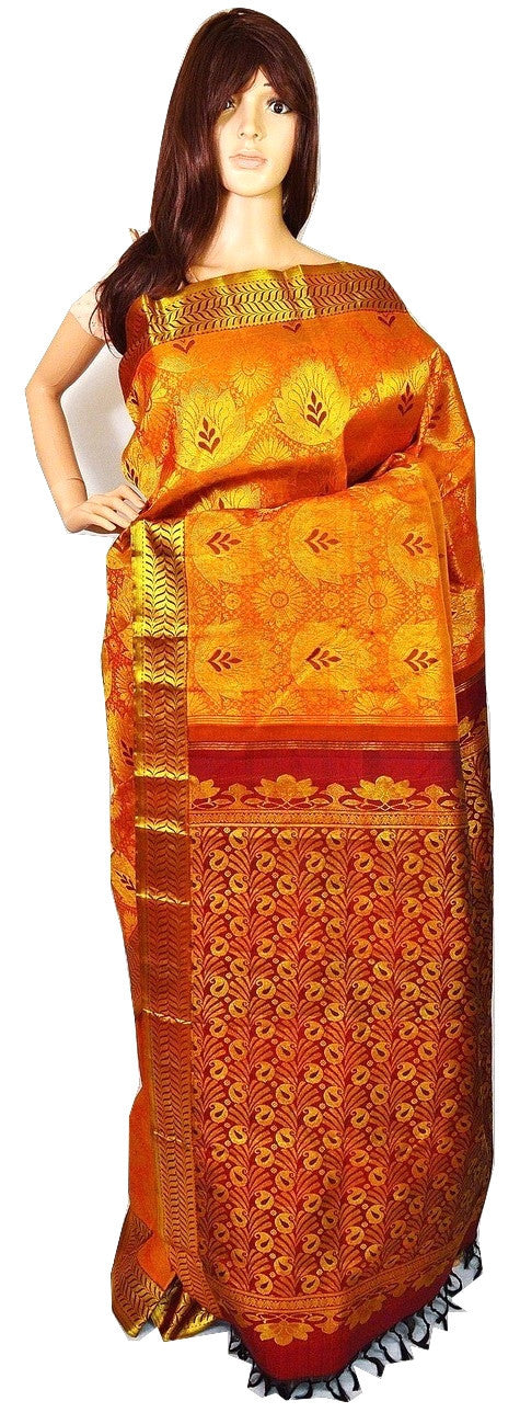 Mustard & Maroon Colour Pure Kanchipuram Pattu Silk Saree ...