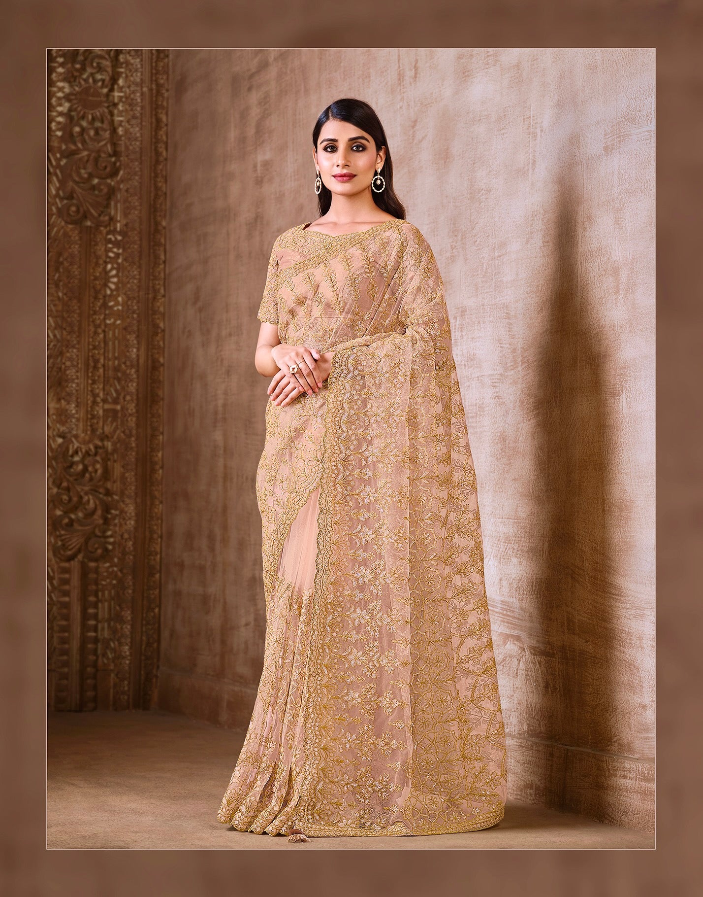Peach Designer Saree with Handmade works – nandikasarees.co.uk