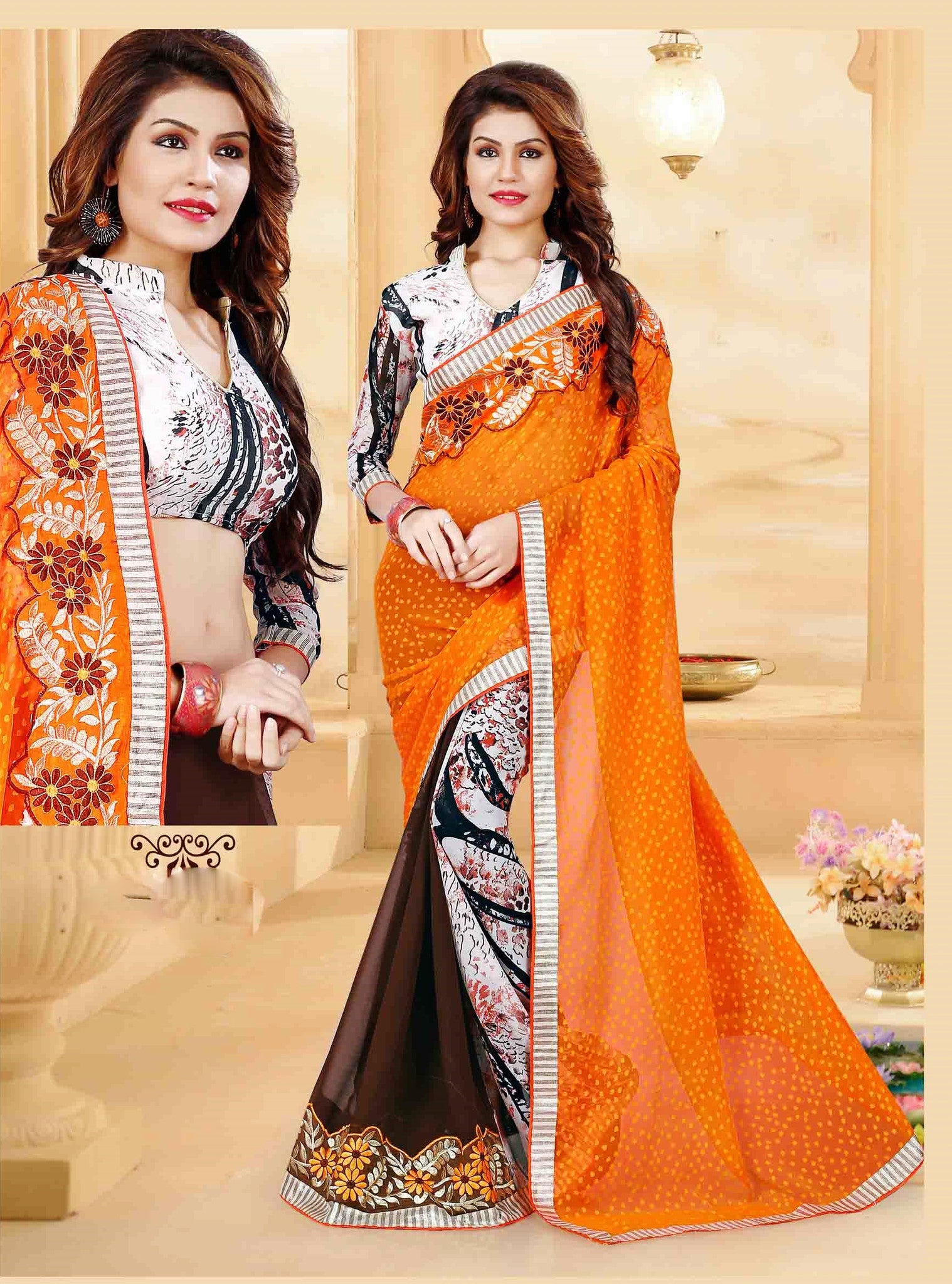 Brown & Orange Colour 2 in1 Saree – nandikasarees.co.uk